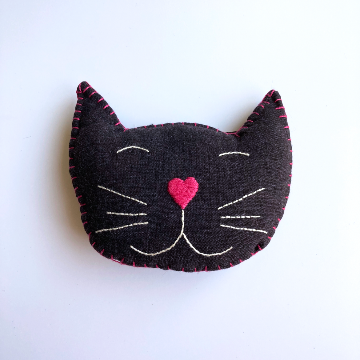 Embroidered Black Cat Pincushion | Cat & Raven